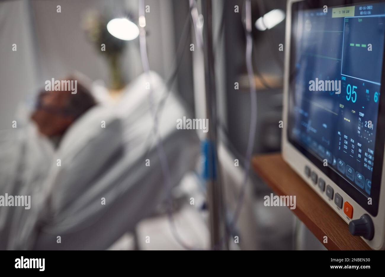 Hospital electrocardiogram, critical care and icu patient with doctor ...