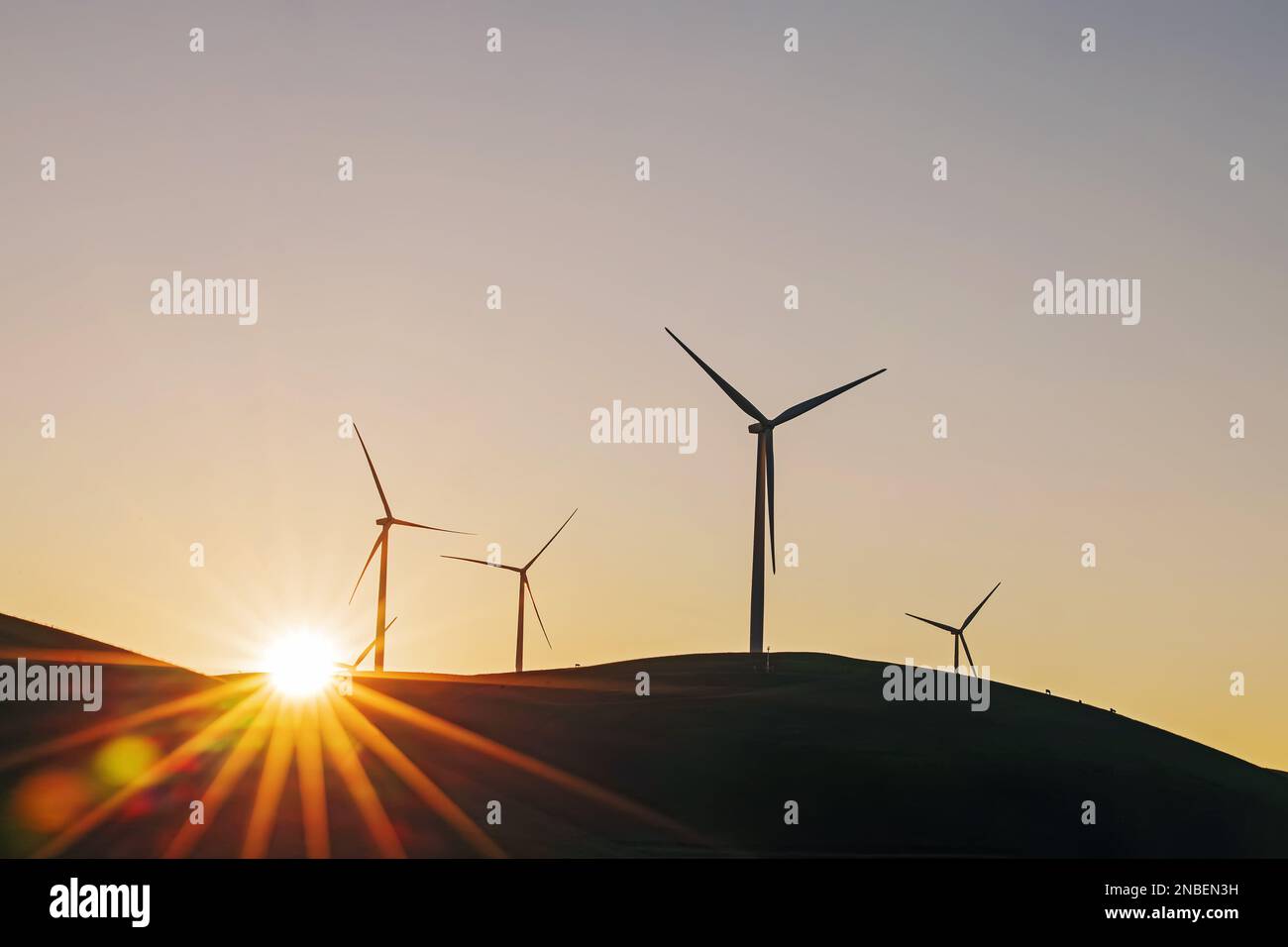 Wind power turbines on the hill in a sunset or sunrise light ...