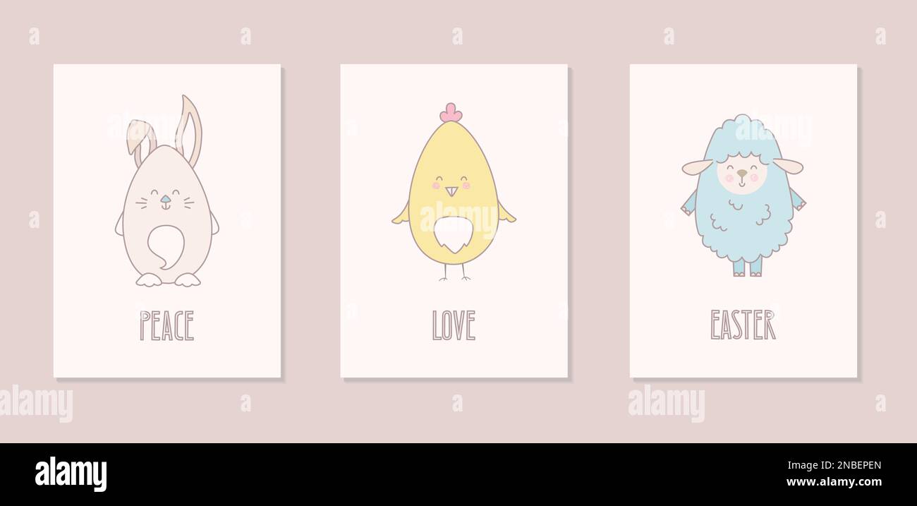 Cute Easter postcards set with chick, bunny, lamb. Vector illustration ...