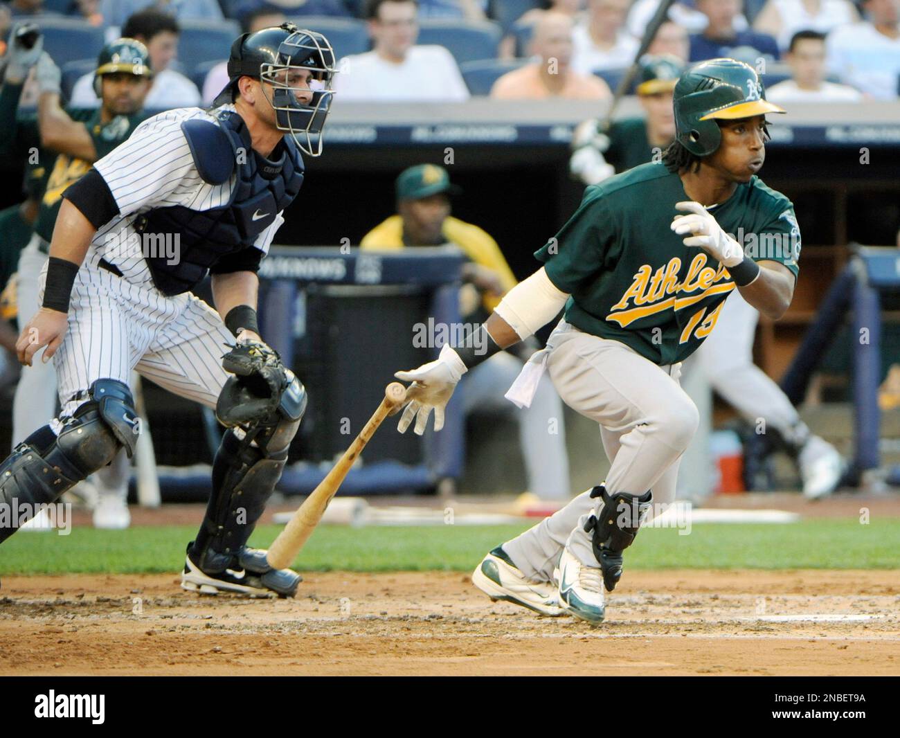 Oakland Athletics' Jemile Weeks follows through on his drive as New ...