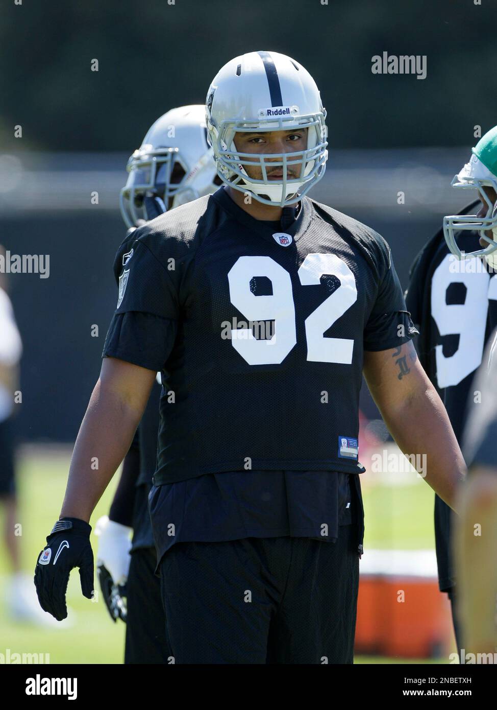 Oakland Raiders defensive end Richard Seymour rests between drills ...