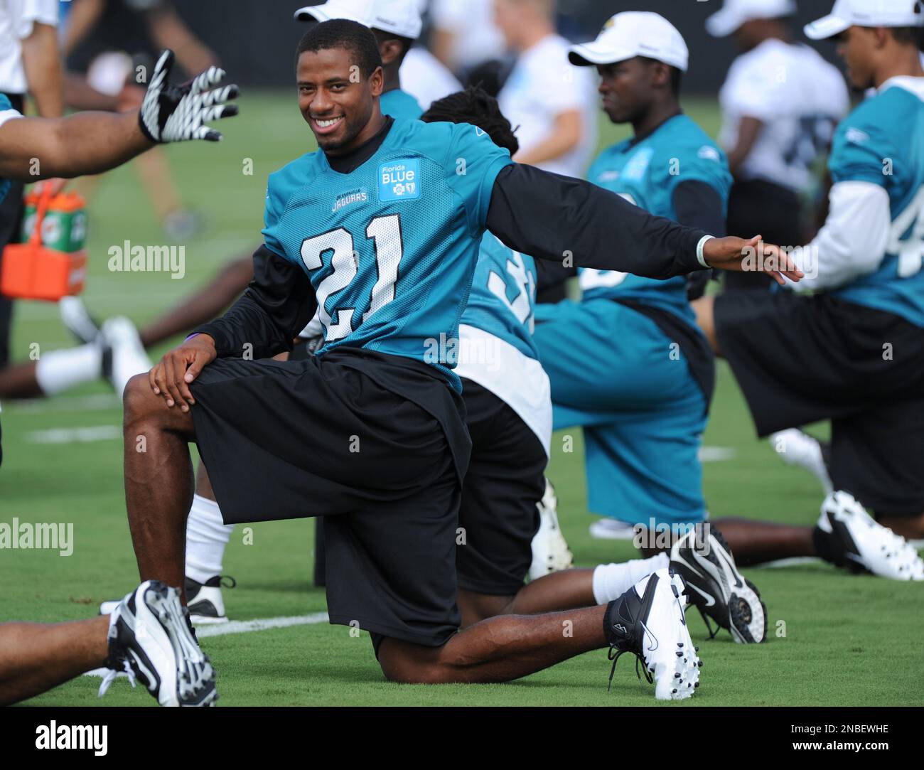 Jacksonville Jaguars cornerback Derek Cox (21) smiles as he warms up ...