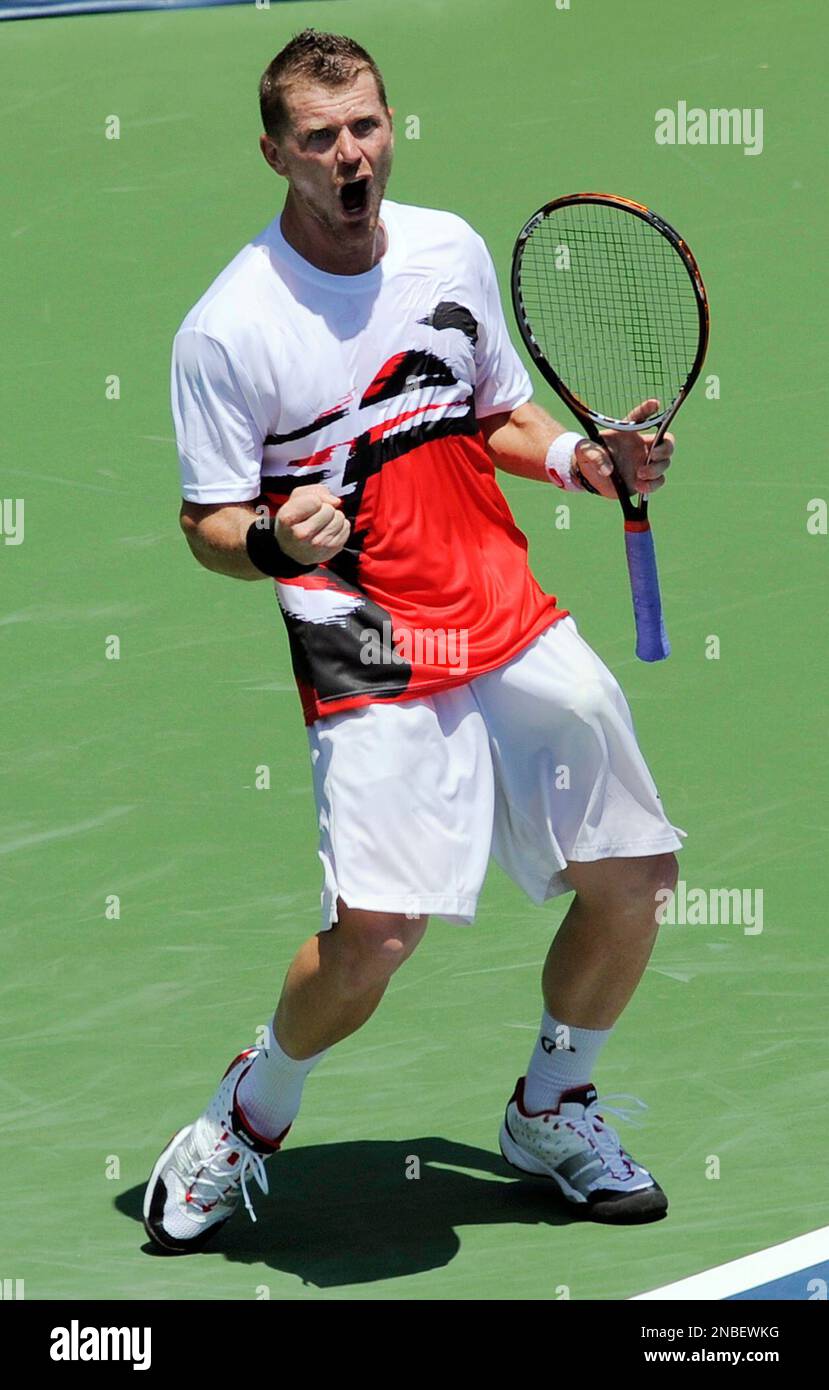 Alex Bogomolov Jr. celebrates his 6-4, 6-3 win over Grigor Dimitrov, of ...