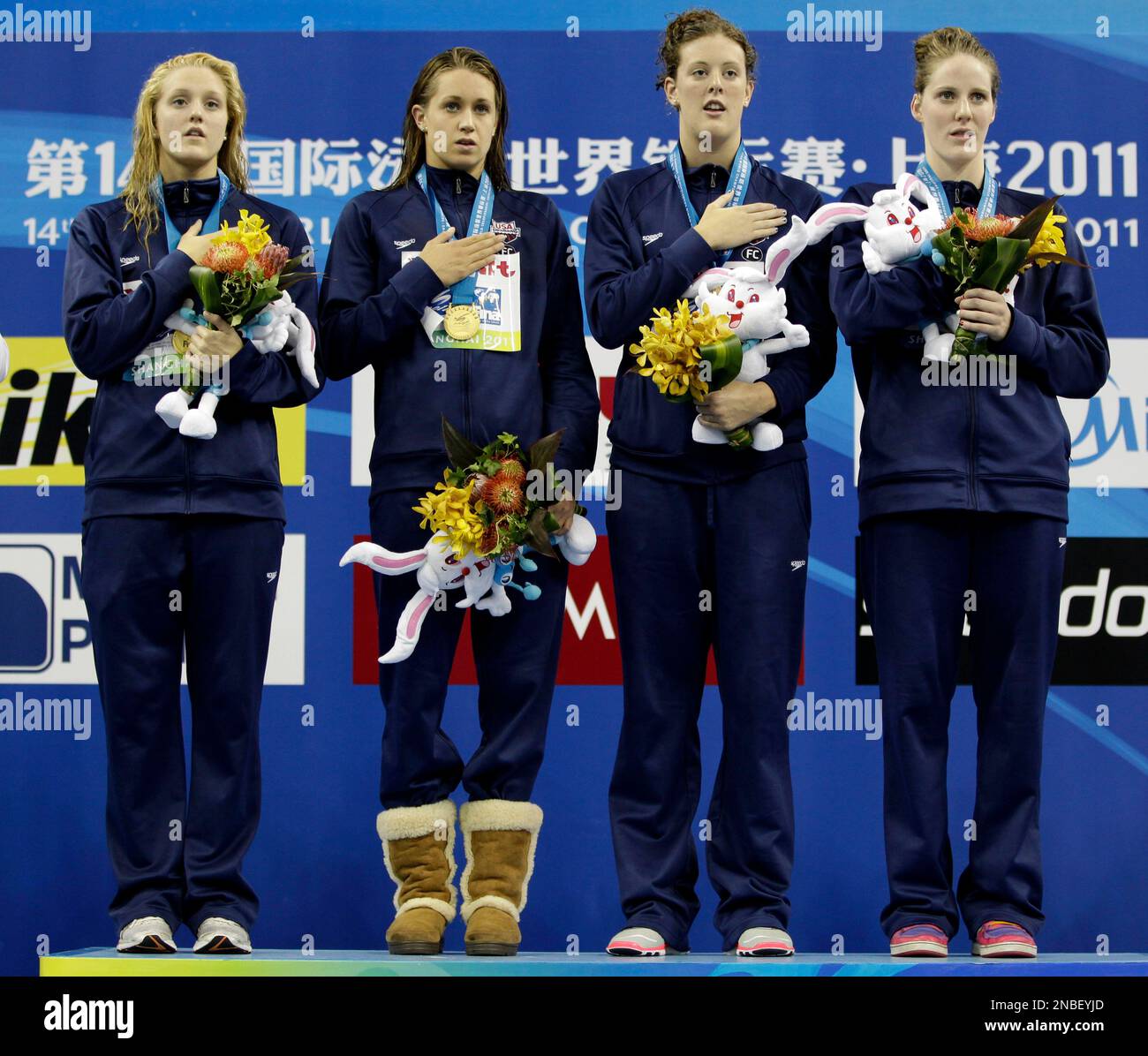 U.S. women's team's members, from left, Dagny Knutson, Kathryn Hoff ...