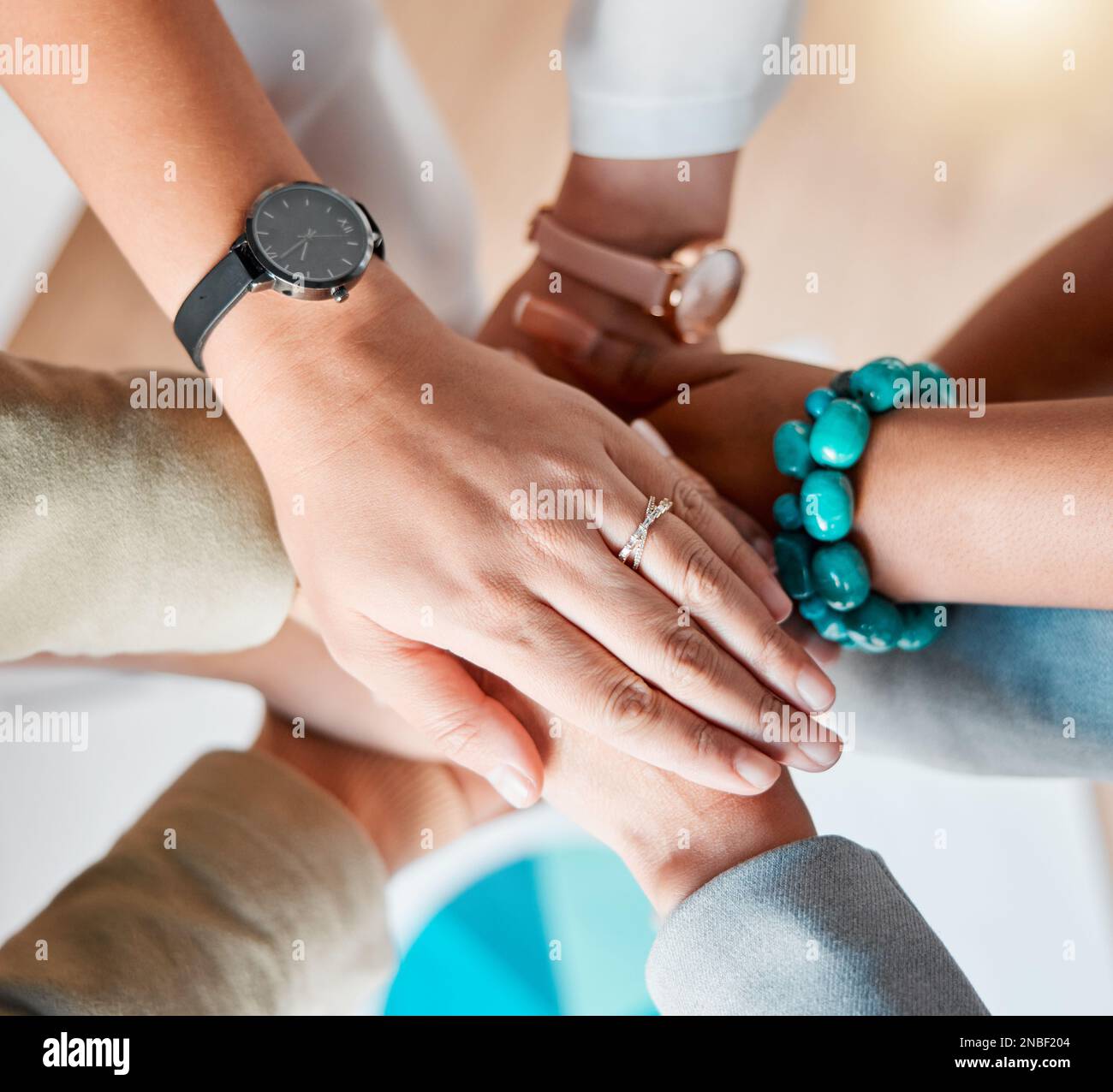 Business people, hands together zoom and diversity of women in office ...