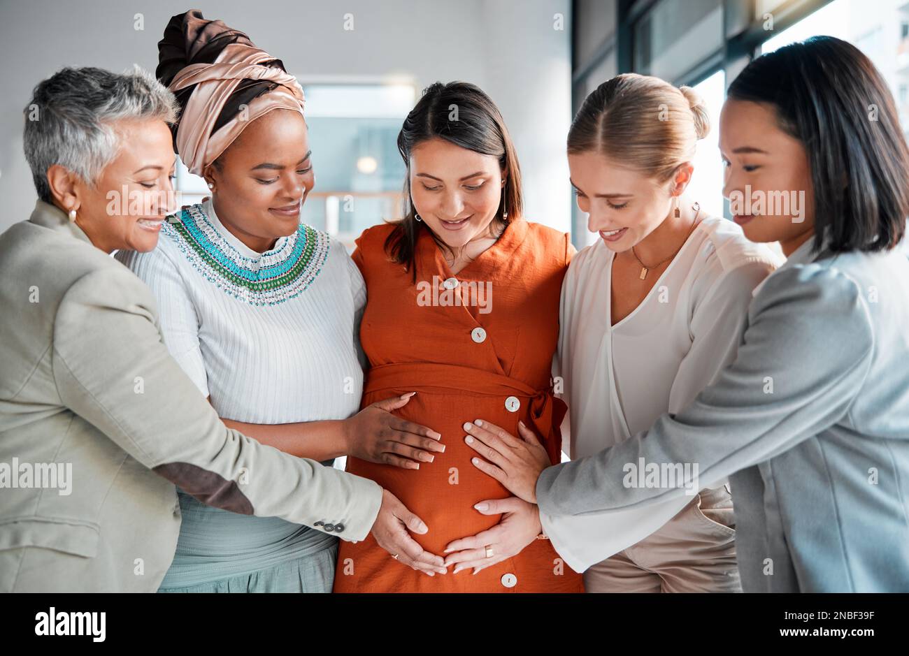 Business friends, office and touch for pregnancy, stomach and excited ...