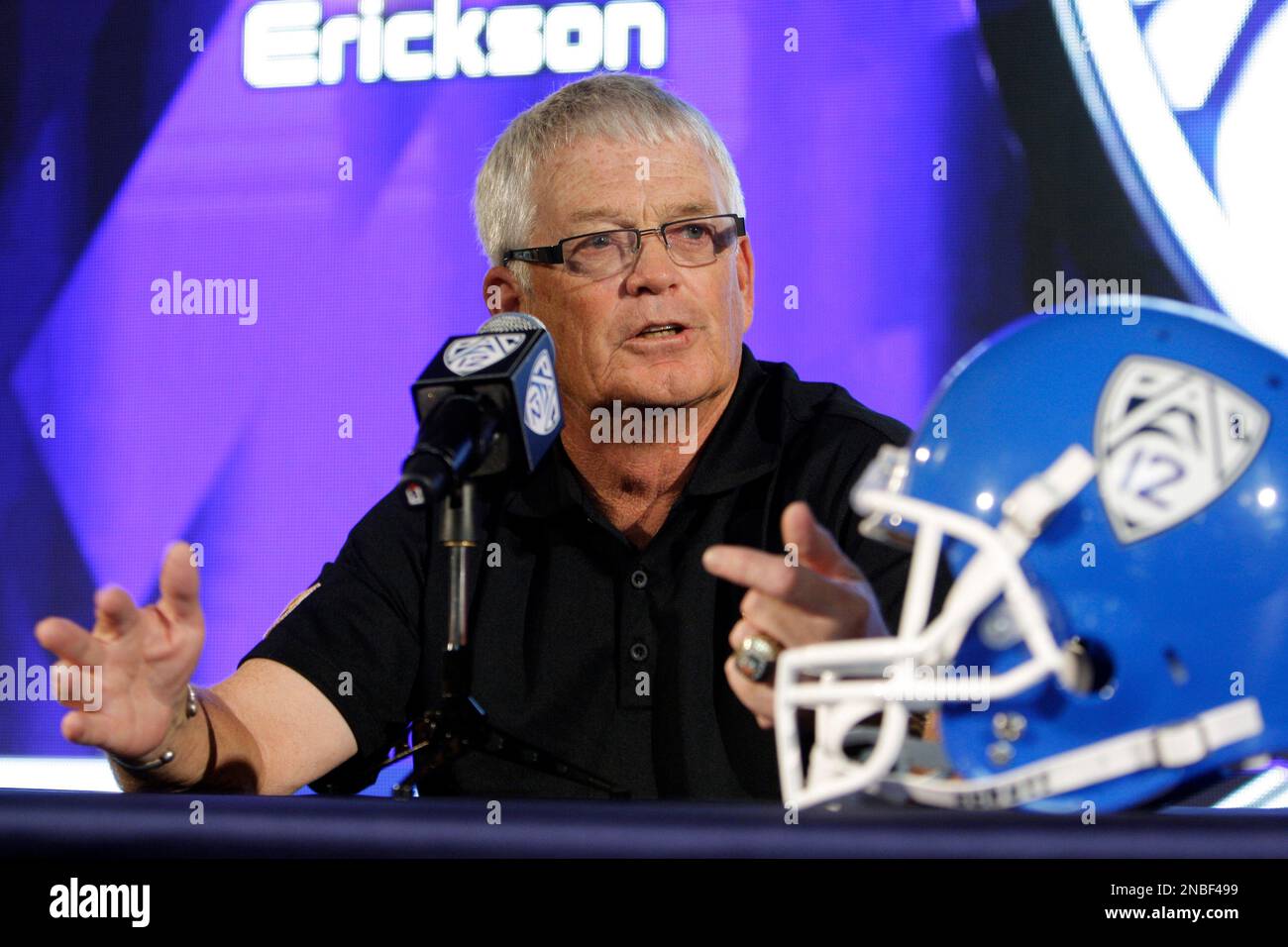 Arizona State coach Dennis Erickson talks to reporters at the Pac-12 ...