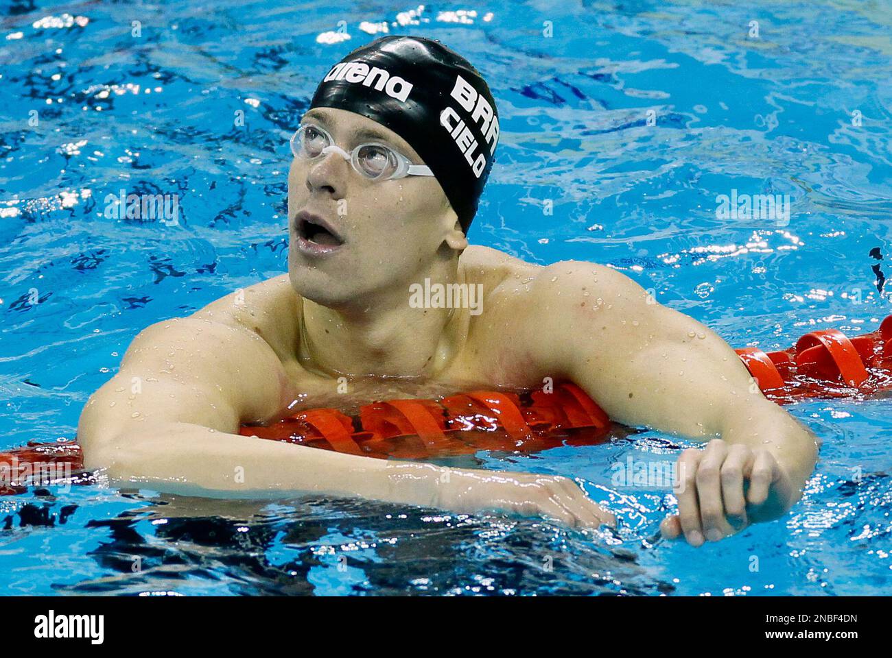 Brazil's Cesar Cielo looks at the scoreboard after his heat of the men ...