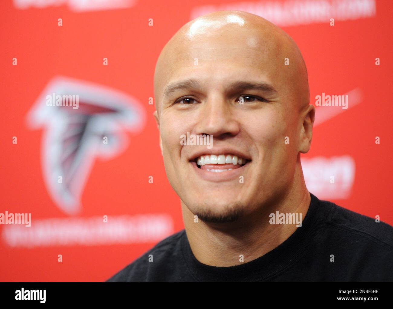 Atlanta Falcons linebacker Coy Wire takes questions during a news ...