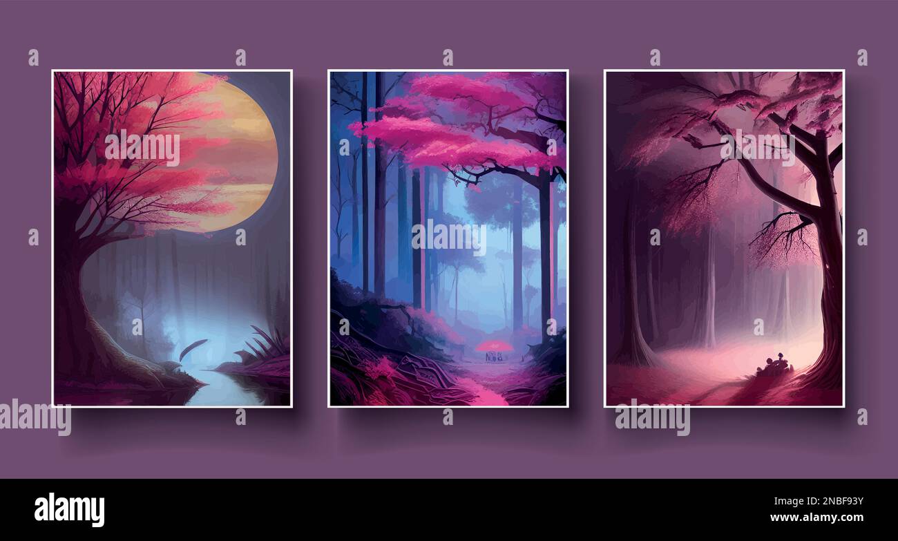 Spring landscape with trees, mountains, fields, leaves. Vector ...