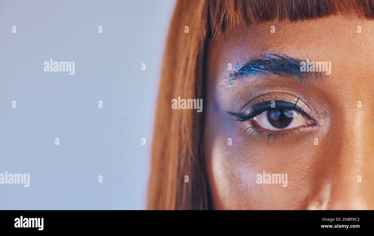 Festival makeup, glitter eyeshadow and eye portrait of a black woman ...