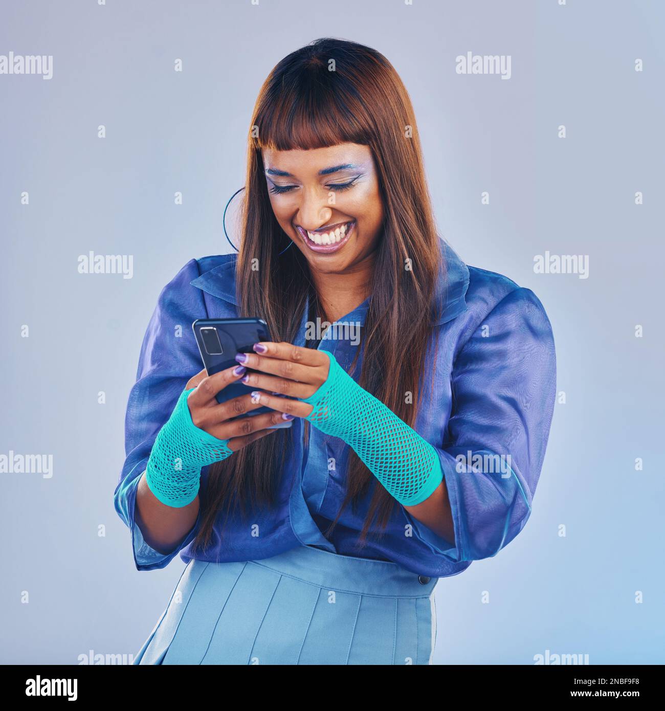 Woman, phone and laughing for funny joke, meme or social media isolated ...