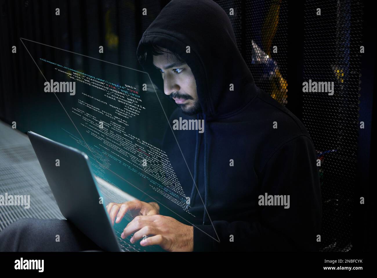 Cyber Security Coding And Hacker In Server Room With Hologram Laptop In Data Center And