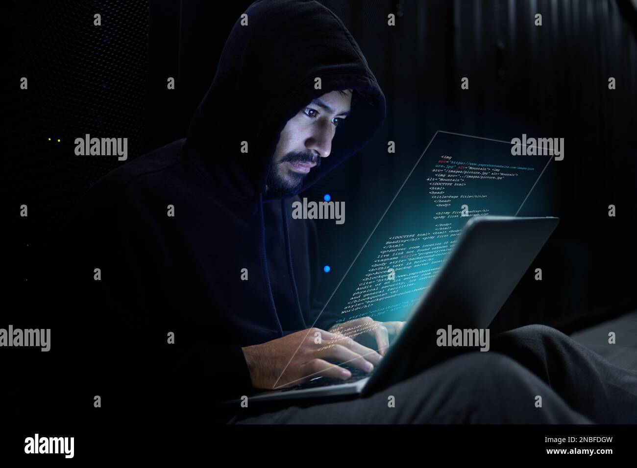 Cyber security, crime and hacker with laptop coding malware in data ...