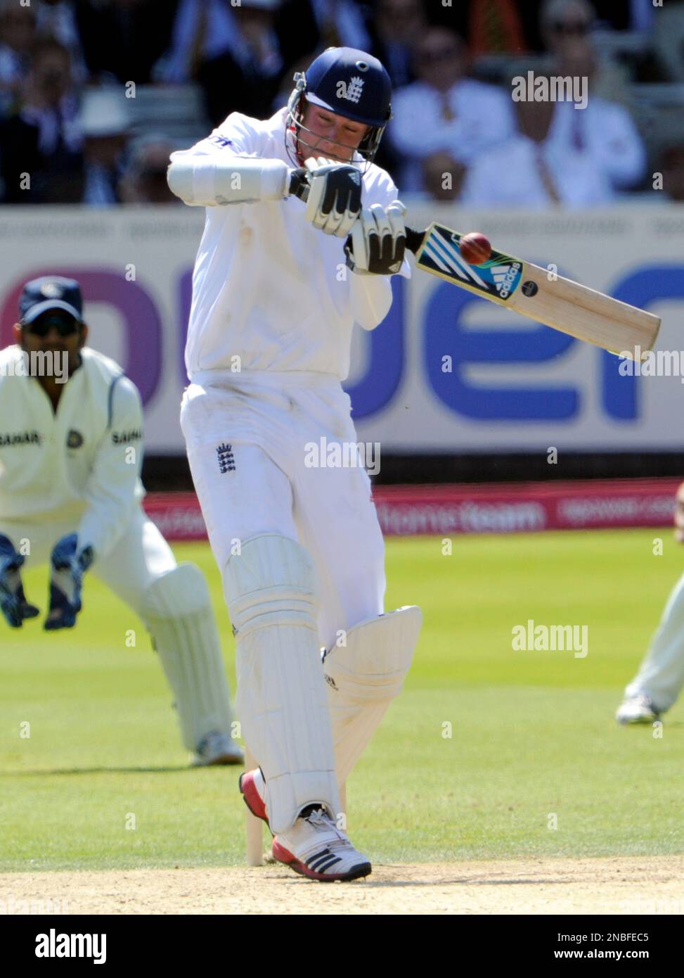 England's Stuart Broad hits a ball from India's Ishant Sharma during ...