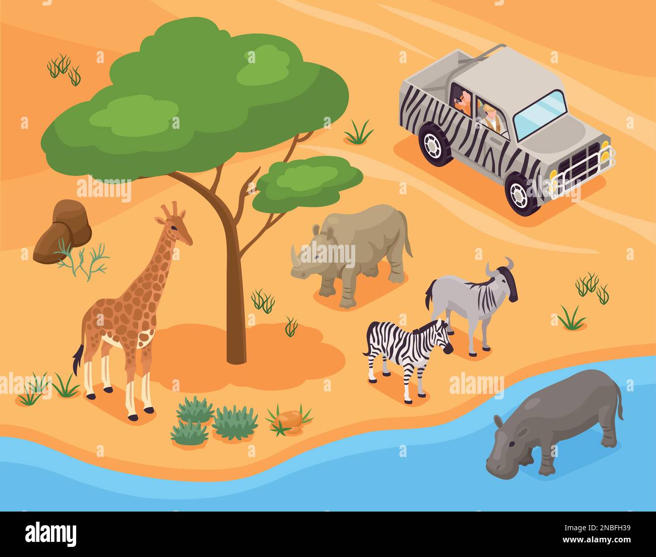 Isometric photo safari concept with wild animals and tourist in travel ...