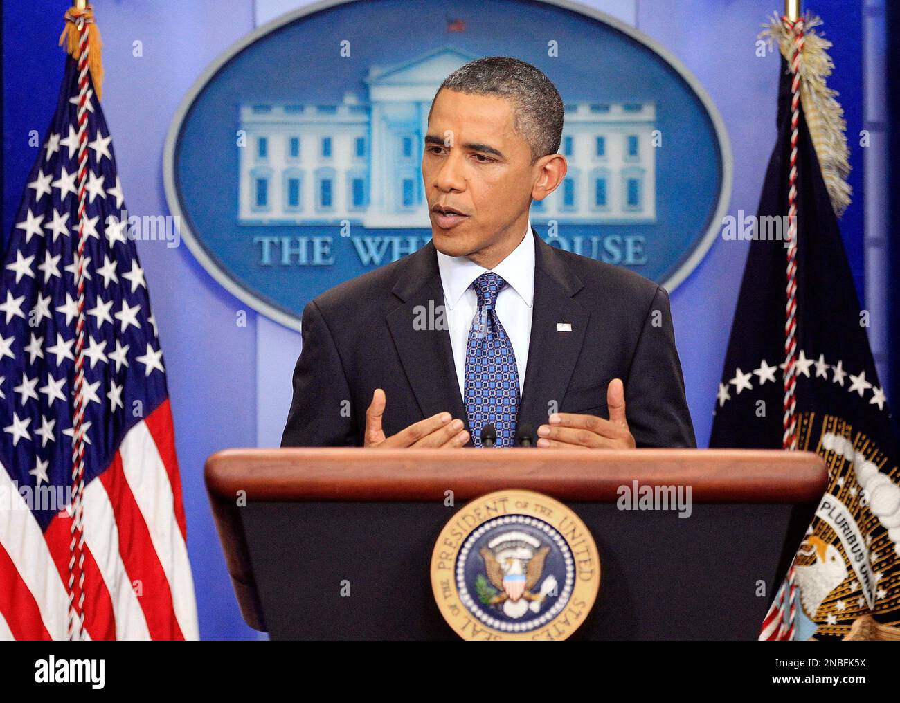 President Barack Obama makes a statement in the Brady Briefing Room at ...