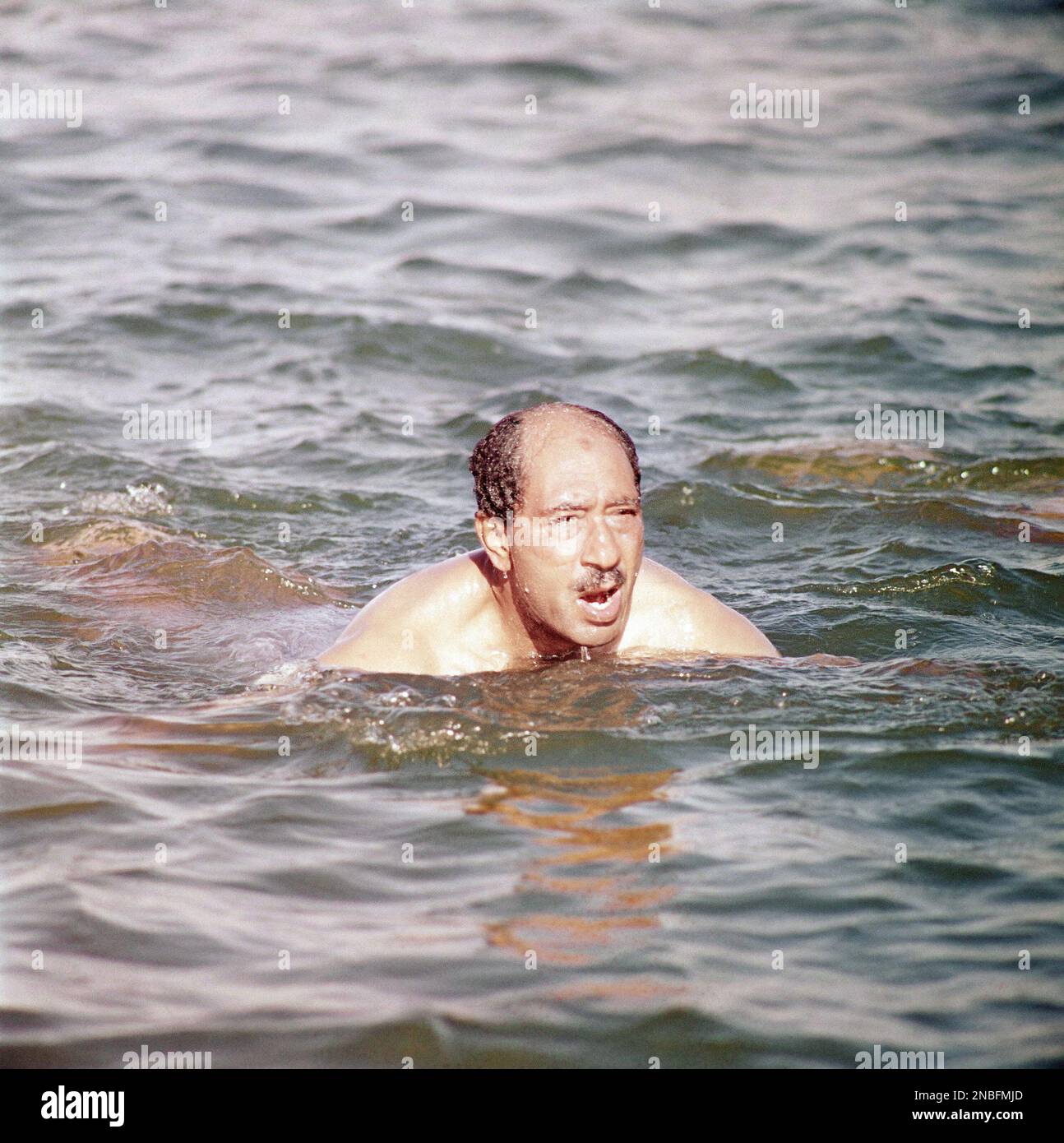 President Anwar Sadat of Egypt takes a swim in the Suez Canal in Egypt ...
