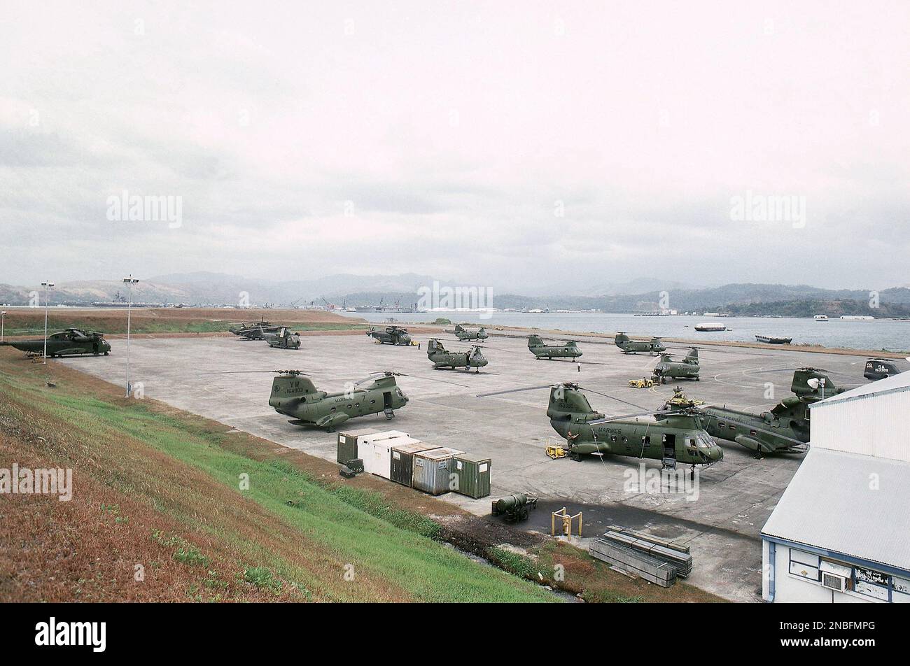 U.S. Marine Corps helicopters waiting for take off near a command post ...