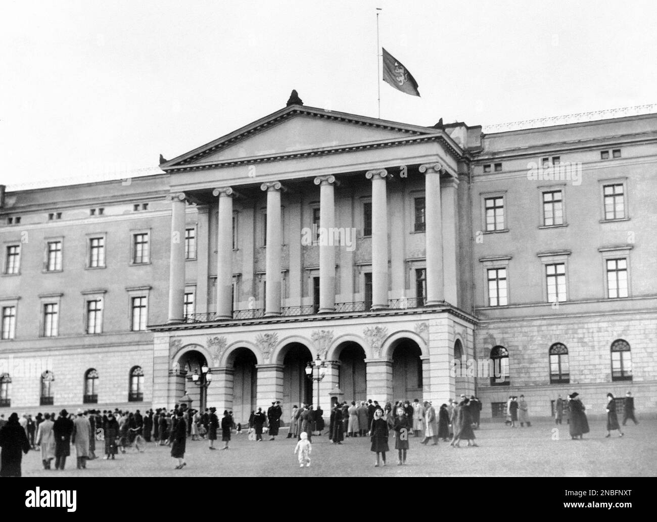 The Royal standard flying at half mast on the Royal Palace in Oslo ...