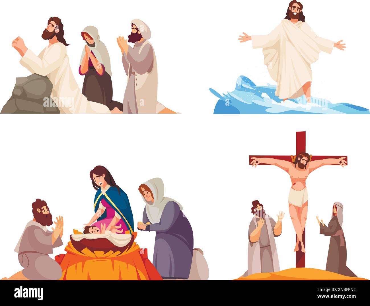 Bible scenes cartoon set with Jesus and Virgin Mary isolated vector ...