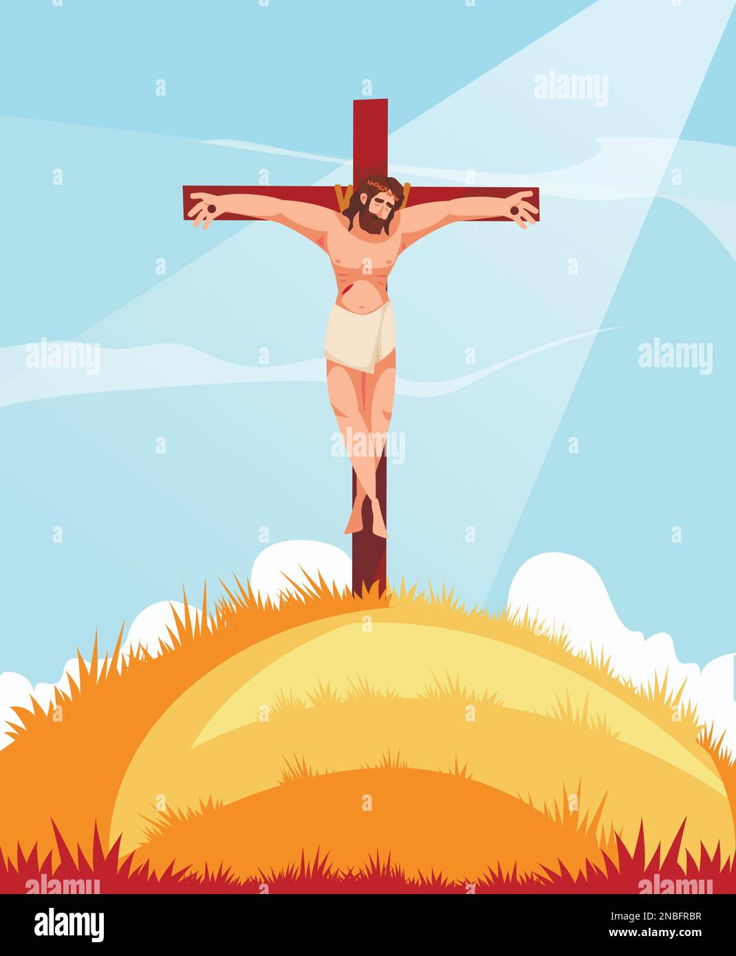 Jusus Christ on crucifixion cross child Bible cartoon scene vector ...