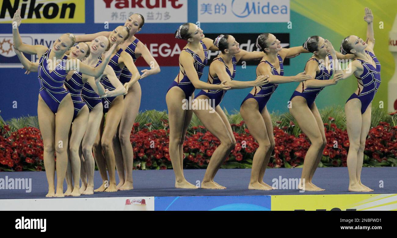 The Dutch team perform their routine during the synchronised swimming ...