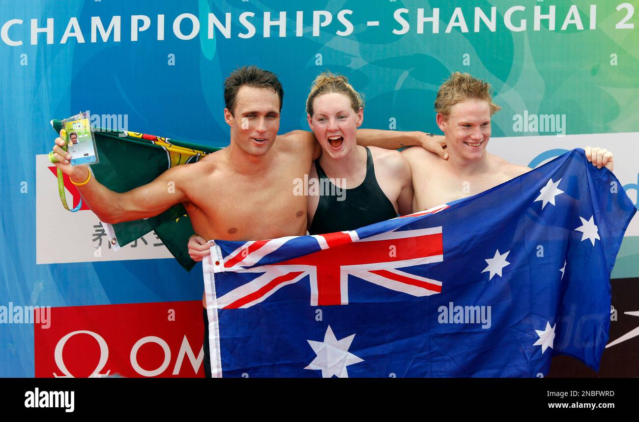From left, silver medalists Australia's Ky Hurst, Melissa Gorman and ...