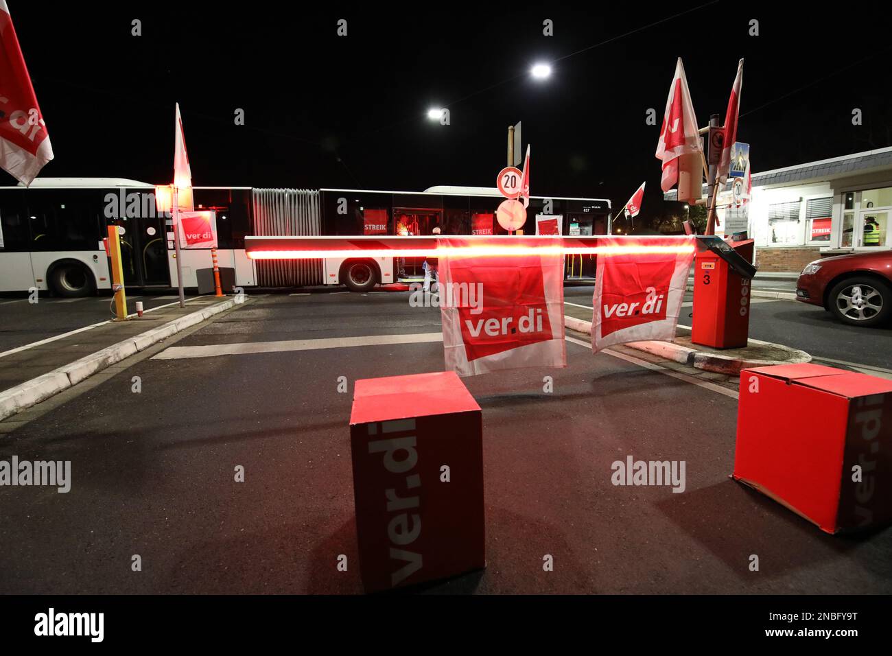 Cologne, Germany. 14th Feb, 2023. Banners of Verdi hang at the entrance ...