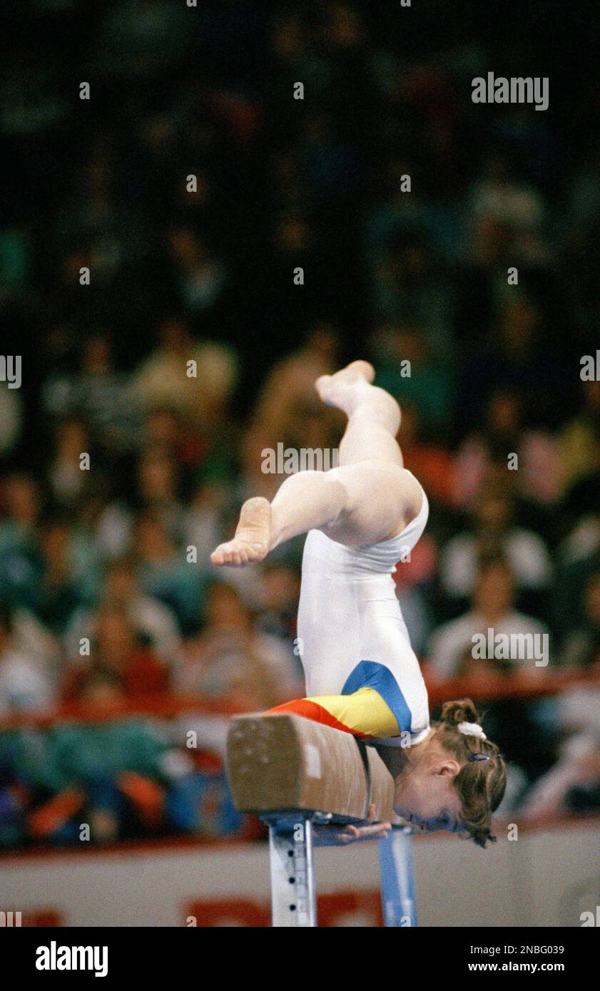 Daniela Silivas from Romania mounts the balance beam during the second ...