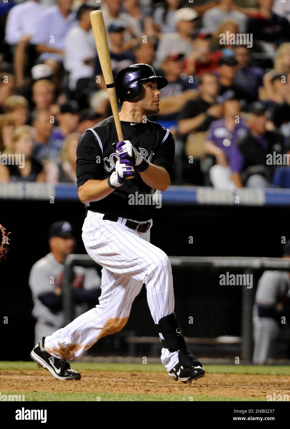 Colorado Rockies' Seth Smith watches a two RBI double against the ...