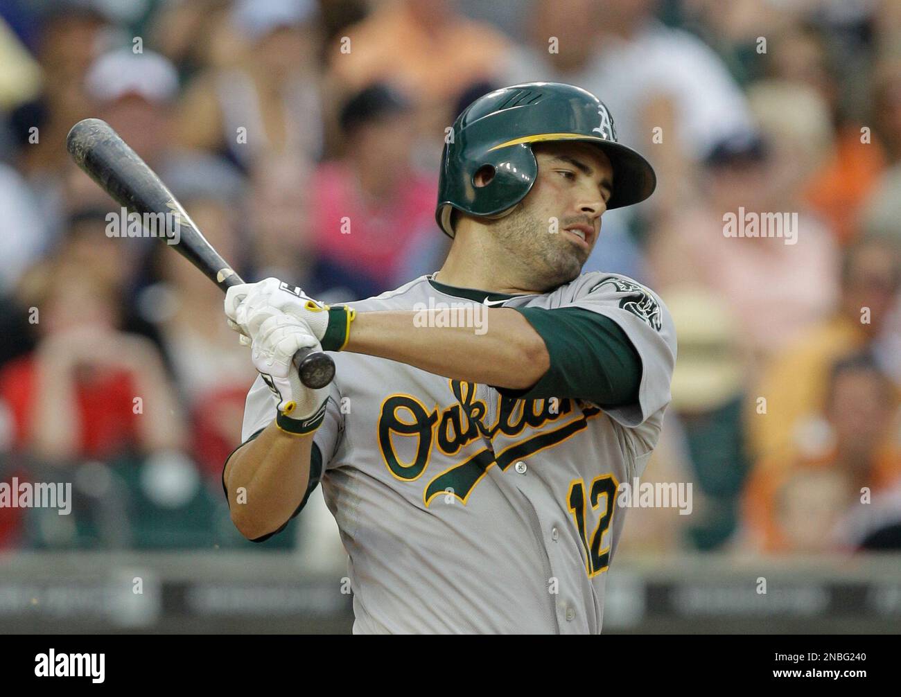 Oakland Athletics right fielder David DeJesus bats against the Detroit ...