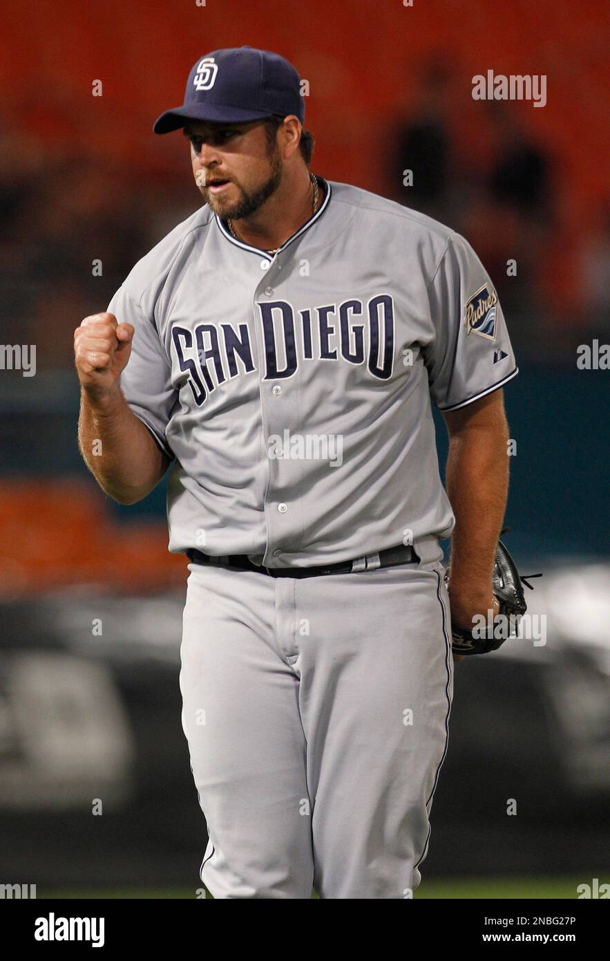 San Diego Padres relief pitcher Heath Bell reacts after the final out ...