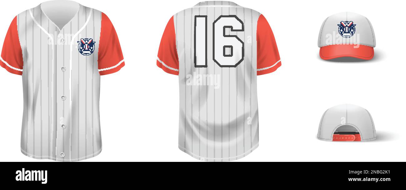 Front and rear realistic view of shirt and cap elements of baseball ...
