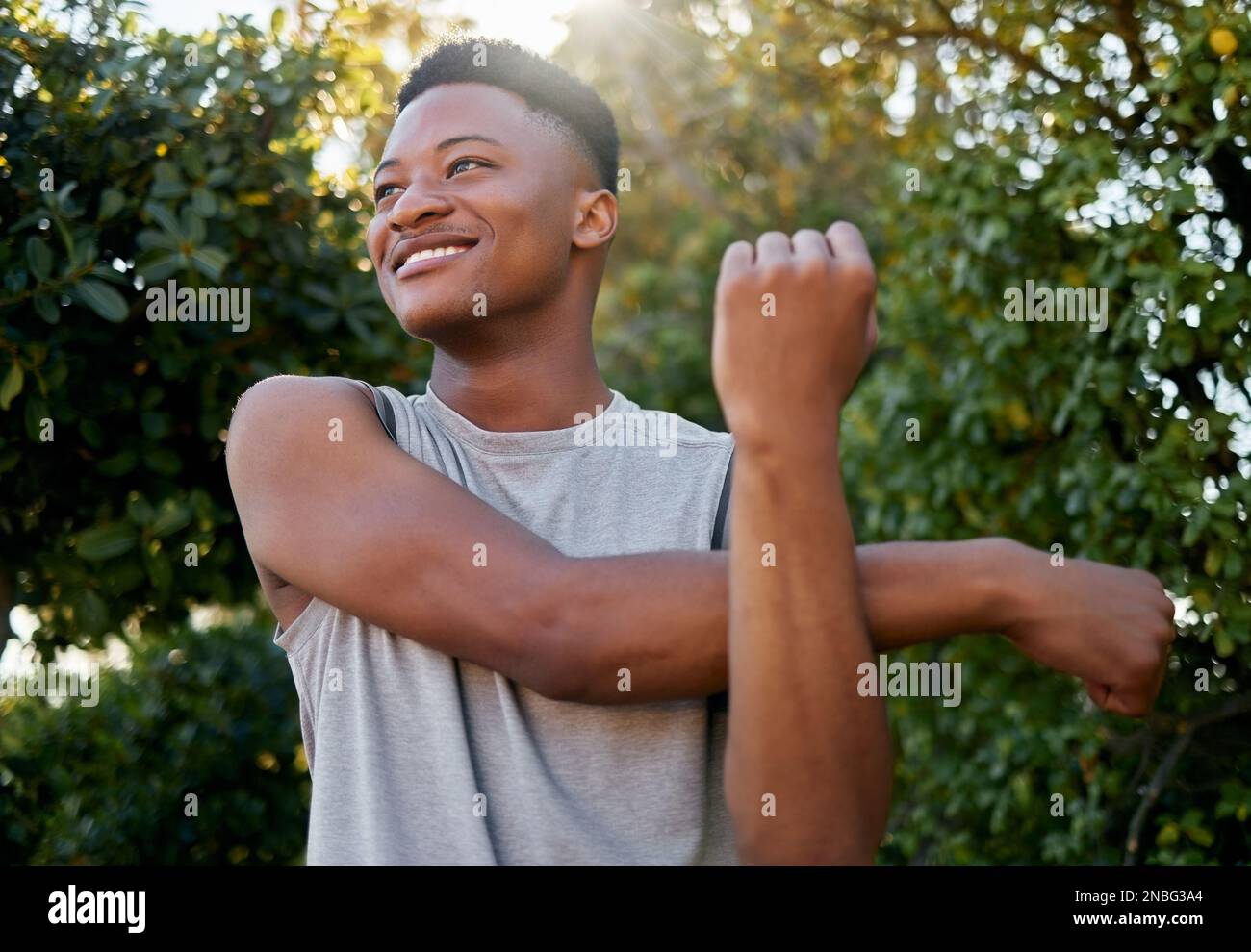 Stretching, thinking and black man in nature for running, fitness and ...