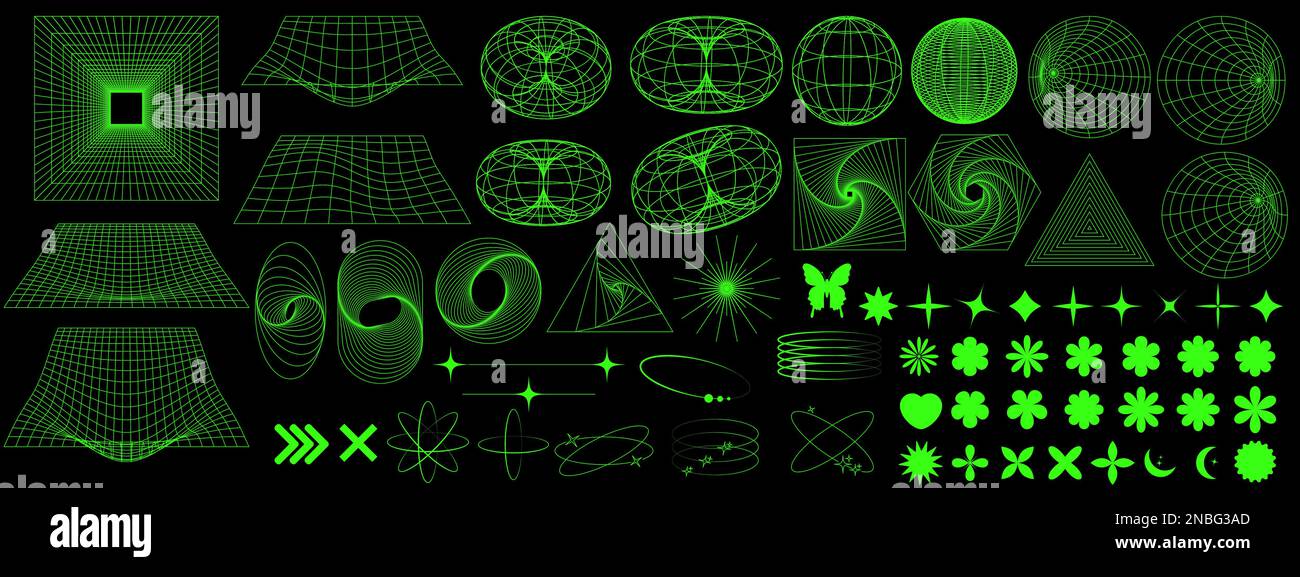 3d wireframe geometric shapes. Cyberpunk elements in retro futuristic Y2K style Stock Vector ...