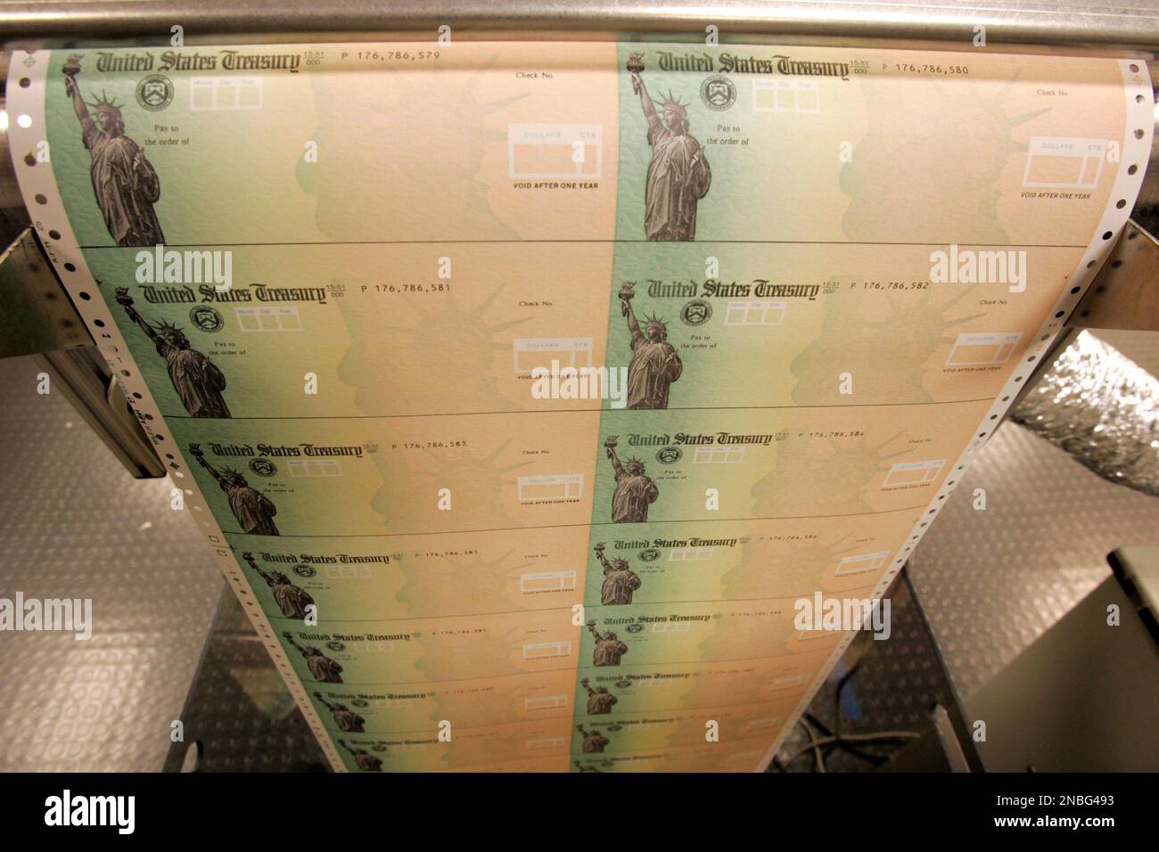 In this May 8, 2008 photo shown are blank U.S. Treasury checks at the ...