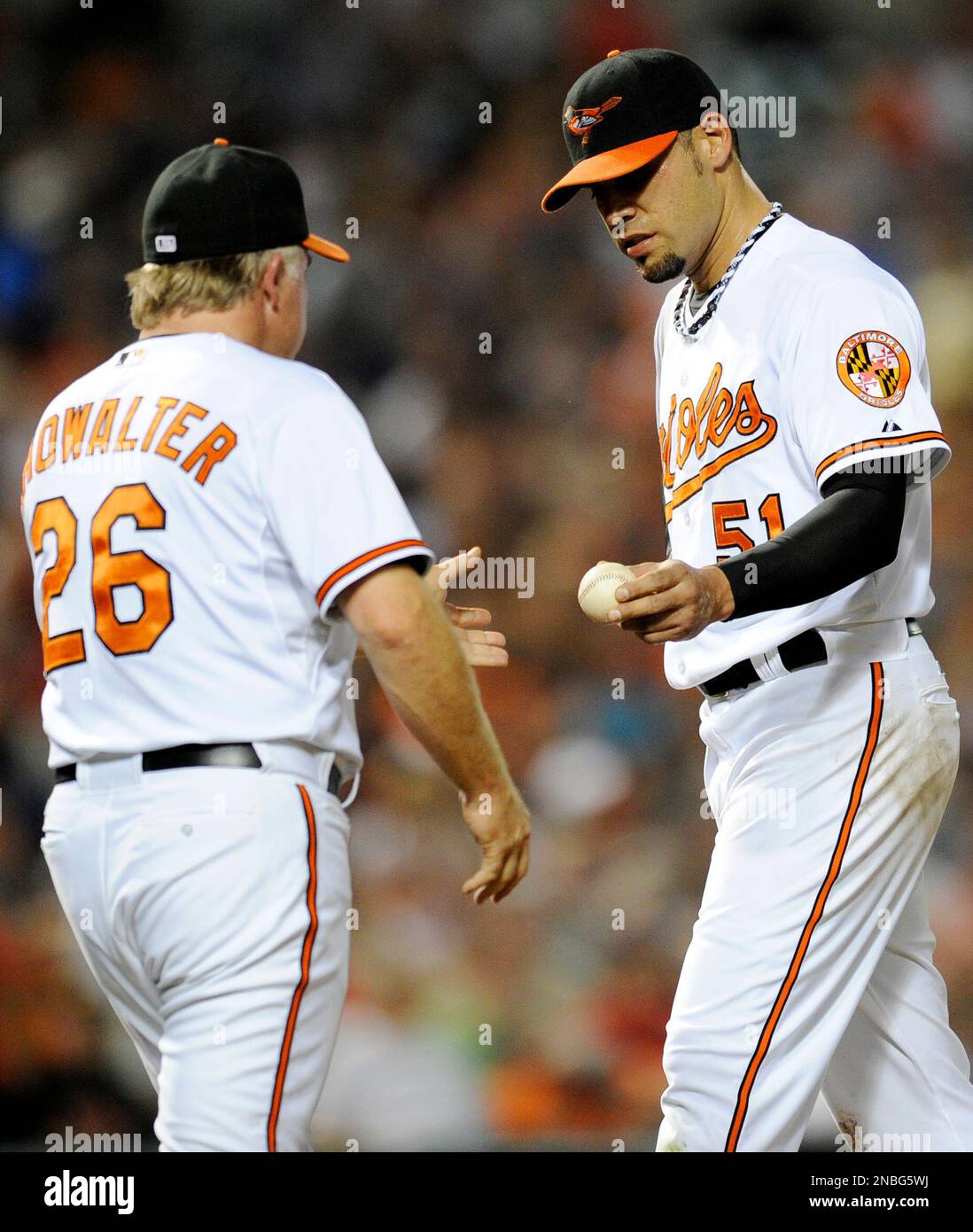 Baltimore Orioles relief pitcher Mike Gonzalez (51) is pulled from the ...