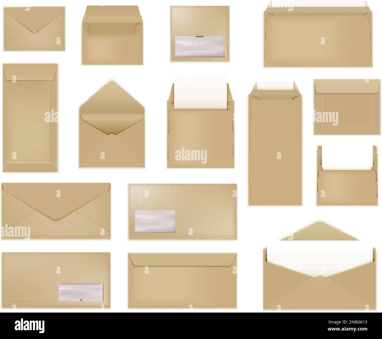 Envelopes realistic cardboard set with isolated images of postage craft ...
