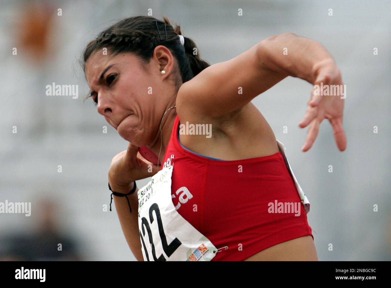 Costa Rica’s Ana Maria Porras competes in the shot put discipline of ...