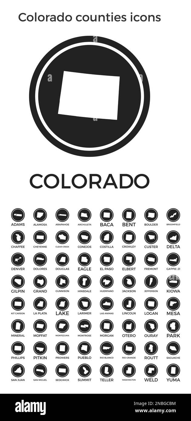 Colorado counties icons. Black round logos with us state counties maps ...