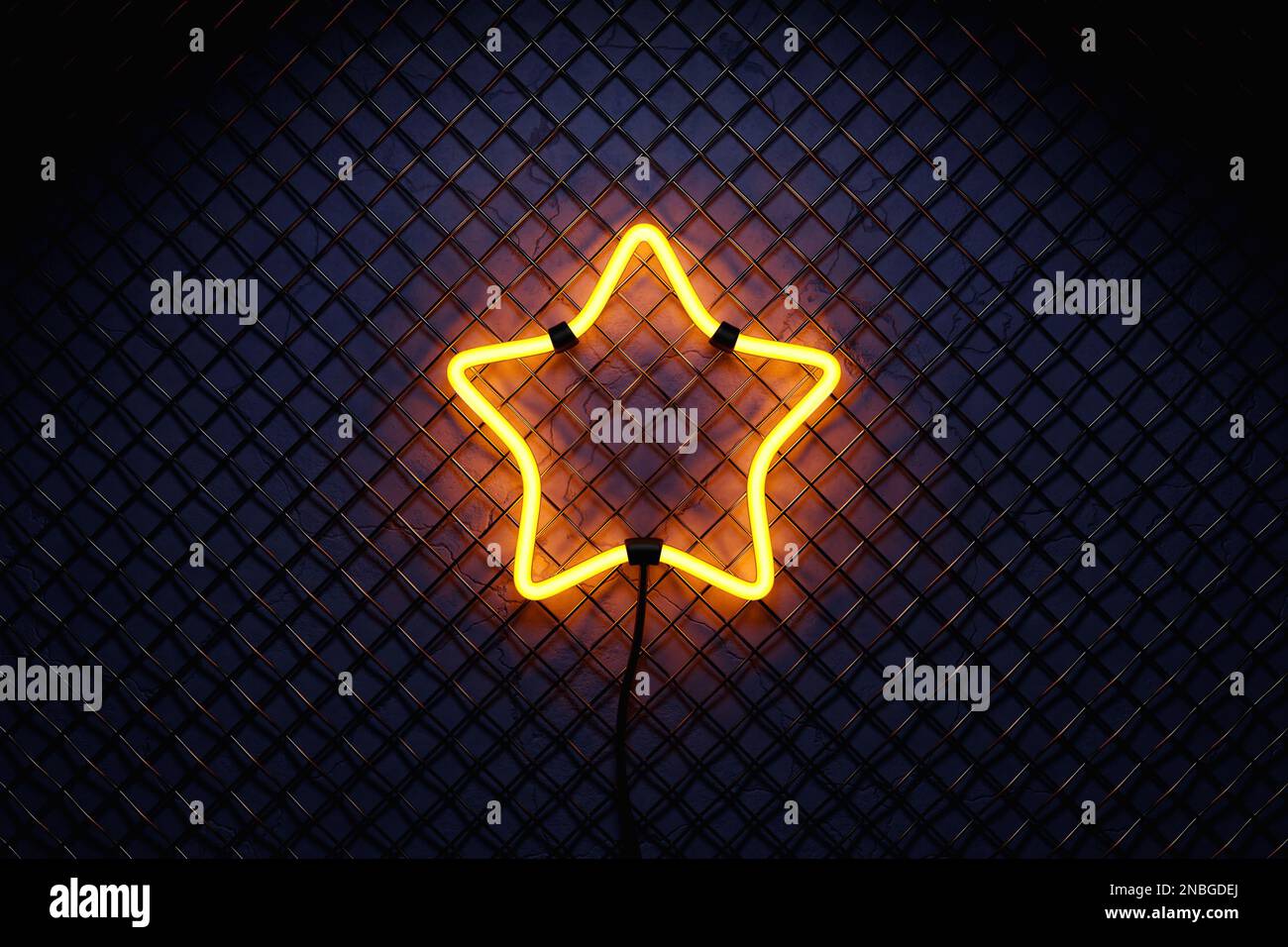 3D illustration of the neon yellow star arrow on a mesh wall. Realistic ...