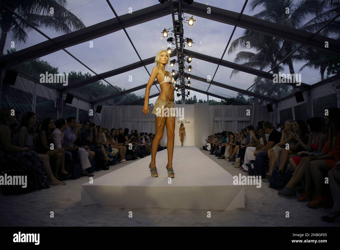 A model wears a Poko Pano swim suit during the Mercedes-Benz Fashion ...