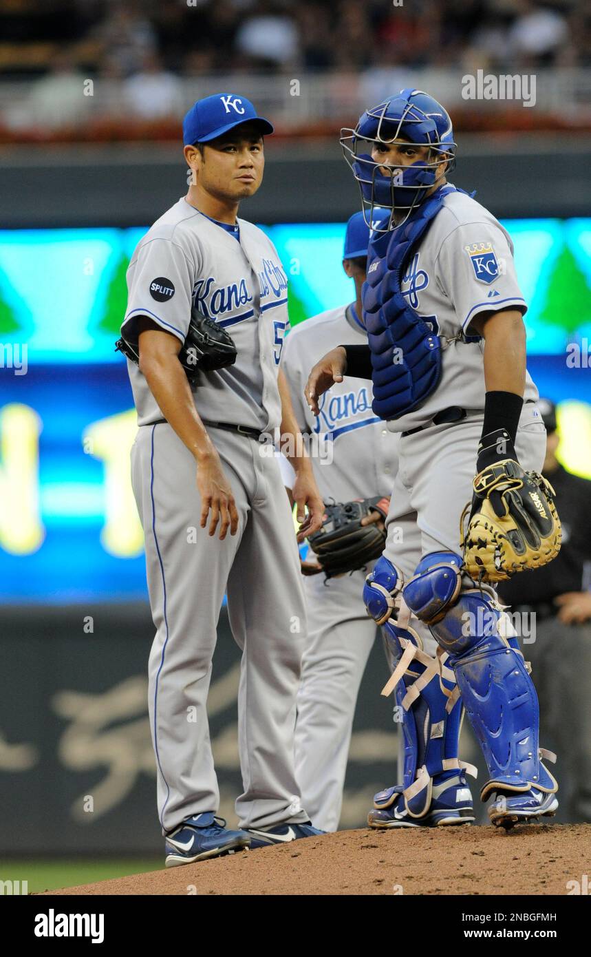 Kansas City Royals pitcher Bruce Chen, left, and catcher Brayan Pena ...