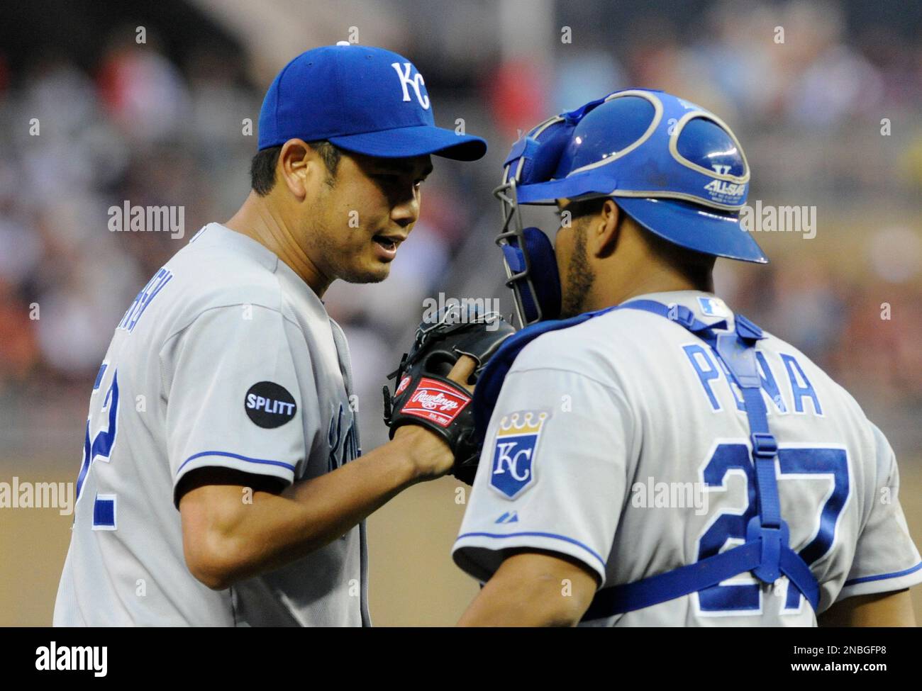 Kansas City Royals pitcher Bruce Chen, left, and catcher Brayan Pena ...