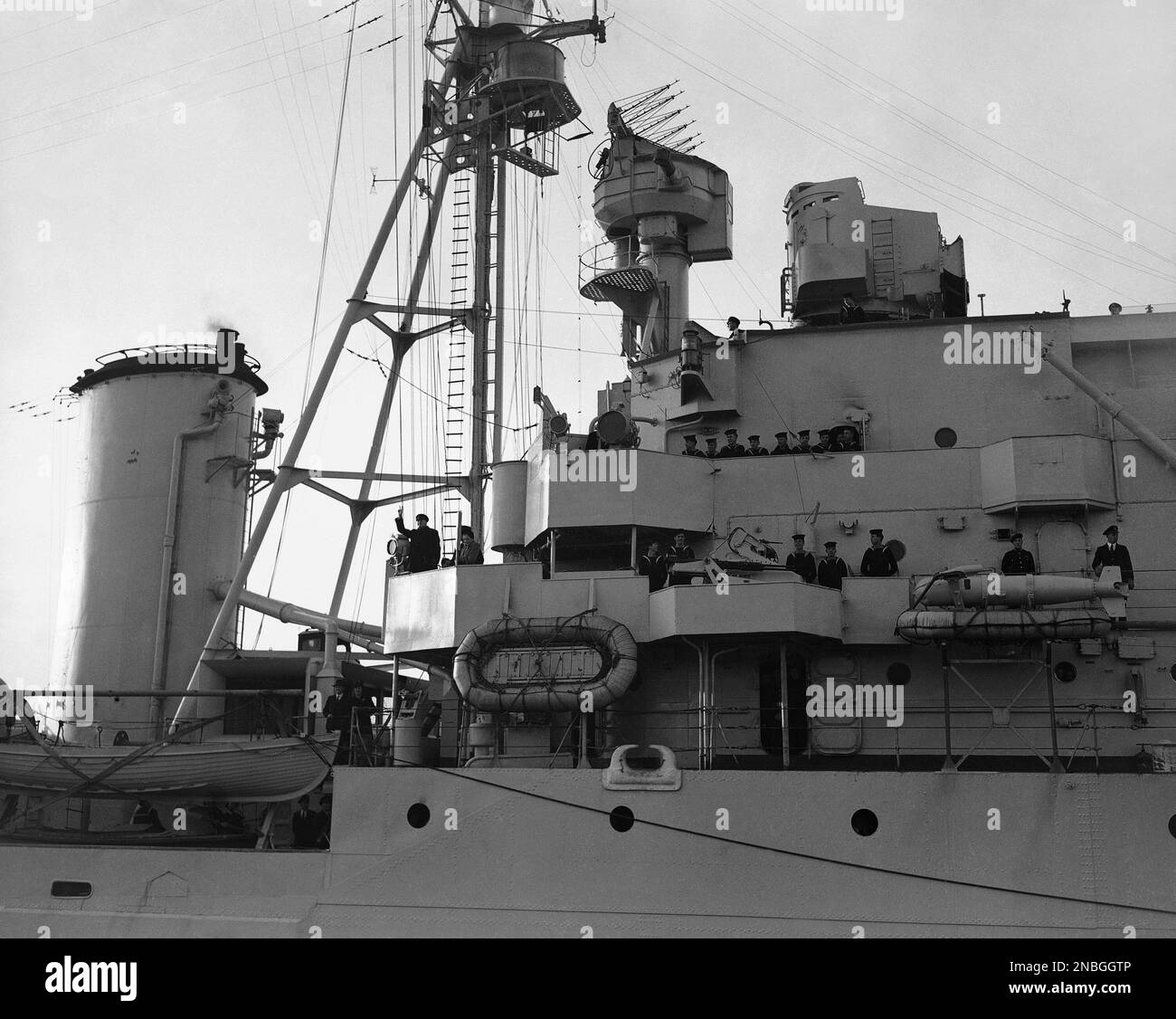 Mr. Winston Churchill waving to crowd after boarding the British ...