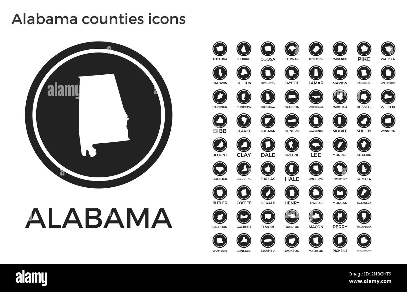 Alabama counties icons. Black round logos with US state counties maps ...