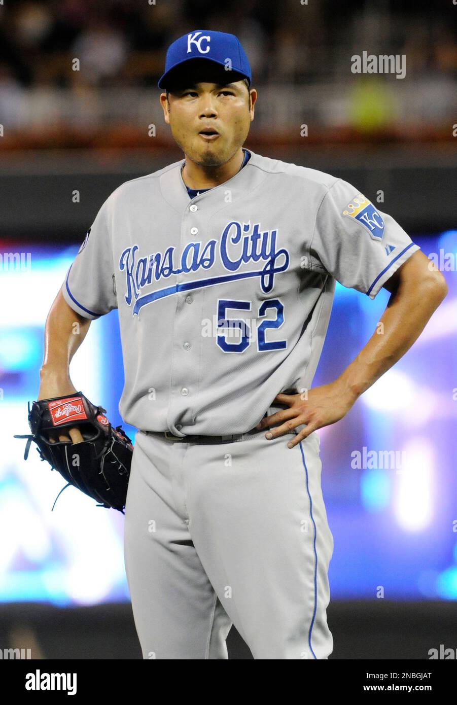 Kansas City Royals pitcher Bruce Chen reacts after giving up a two-run ...