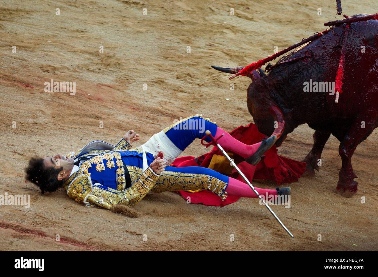 Spanish bullfighter Juan Mora lies on the arena after being gored by a ...