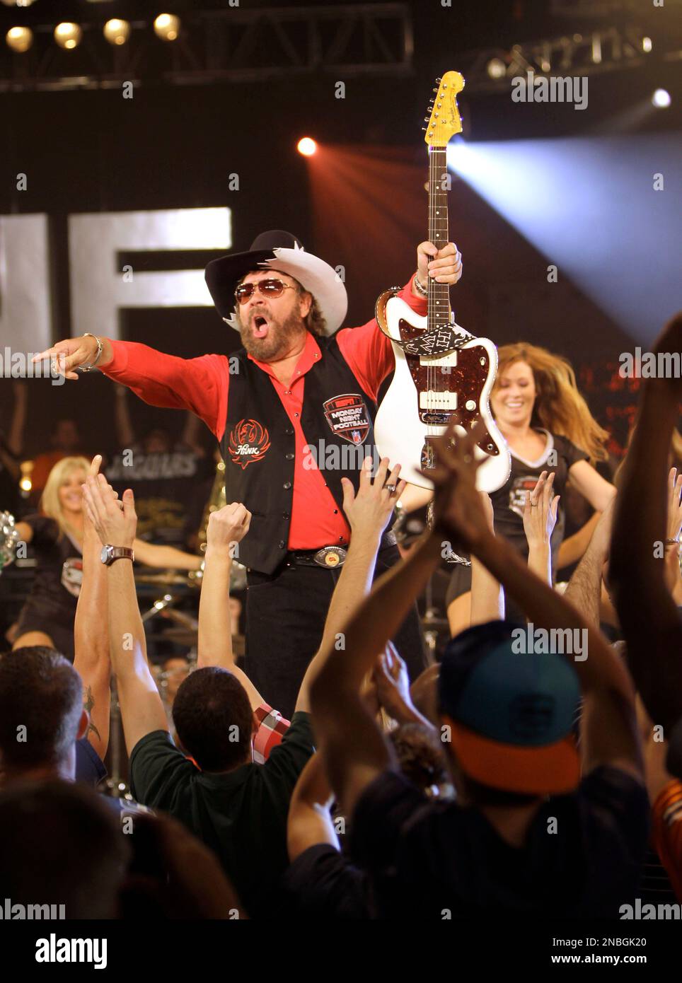 Hank Williams Jr. performs during the recording of a promo for NFL ...